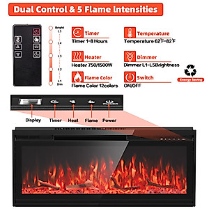 Ooiior 36 Inch Electric Fireplace, Recessed and Wall Mounted Fireplace with Remote Control, Ultra-Thin Fireplace Heater and Linear Fireplace, with Timer, Adjustable Flame Color, 750/1500W