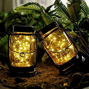 Solar Mason Jar Lantern, 2 Pack 30 LED Hanging Solar Mason Jar Lights Outdoor Retro Waterproof Fairy Lights with Stakes for Garden, Lawn, Patio, Yard, Pathway (2 Pack)