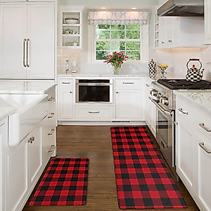 MAYHMYO Kitchen Mats Cushioned 2PCS Black and Red Kitchen Rugs Non Skid Waterproof Kitchen Floor Mat Memory Foam Cushioned Rugs Anti-Fatigue Mats for Kitchen Floor Offices & Laundries