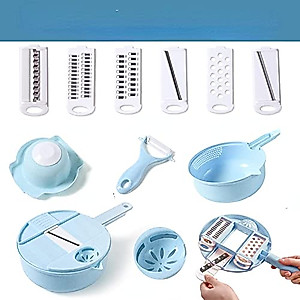 NA Multifunctional Vegetable Cutter 12 Piece Set Manual Potato and Radish shredding Kitchen Household Slicing, shredding and Peeling Machine Nordic Blue
