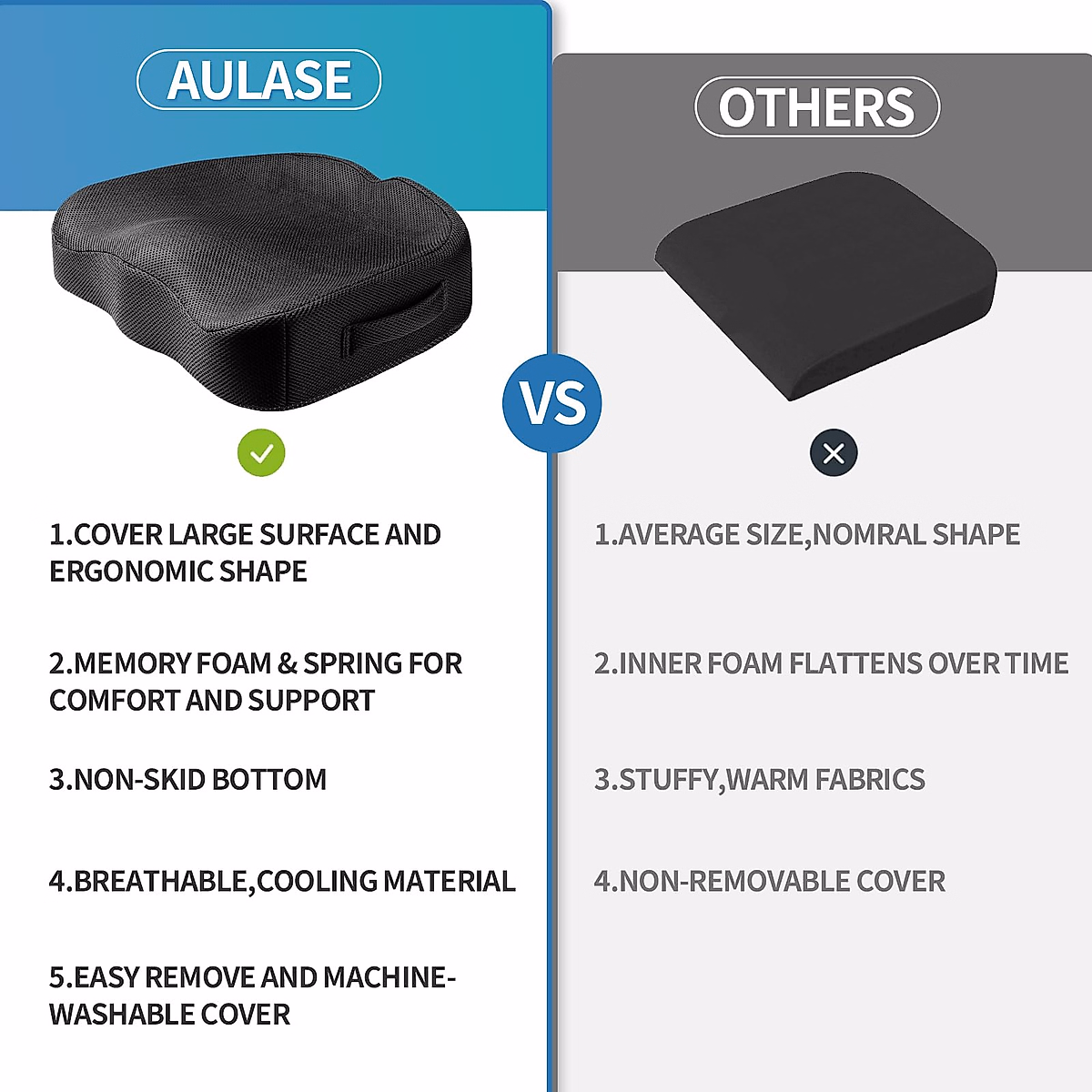 Aulase Large Seat Cushion for Office Chair, Inner Springs and Thick Soft Memory Foam for Super Support & Comfort, Pressure Relief for Long Sitting, Chair Pad for Hip, Coccyx, Sciatica Pain Relief