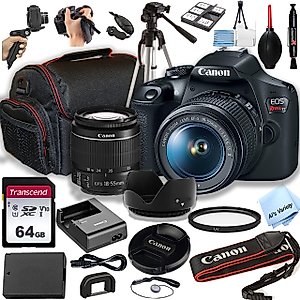Canon EOS Rebel T7 DSLR Camera w/EF-S 18-55mm F/3.5-5.6 Zoom Lens + 64GB Memory Card, Case, Hood, Tripod, Grip-Pod, Filter, Professional Photo Bundle(24pc)