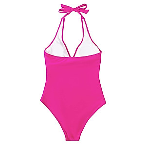 SUUKSESS Women Sexy Tummy Control One Piece Swimsuits Halter Push Up Monokini Bathing Suits (Hot Pink, L)