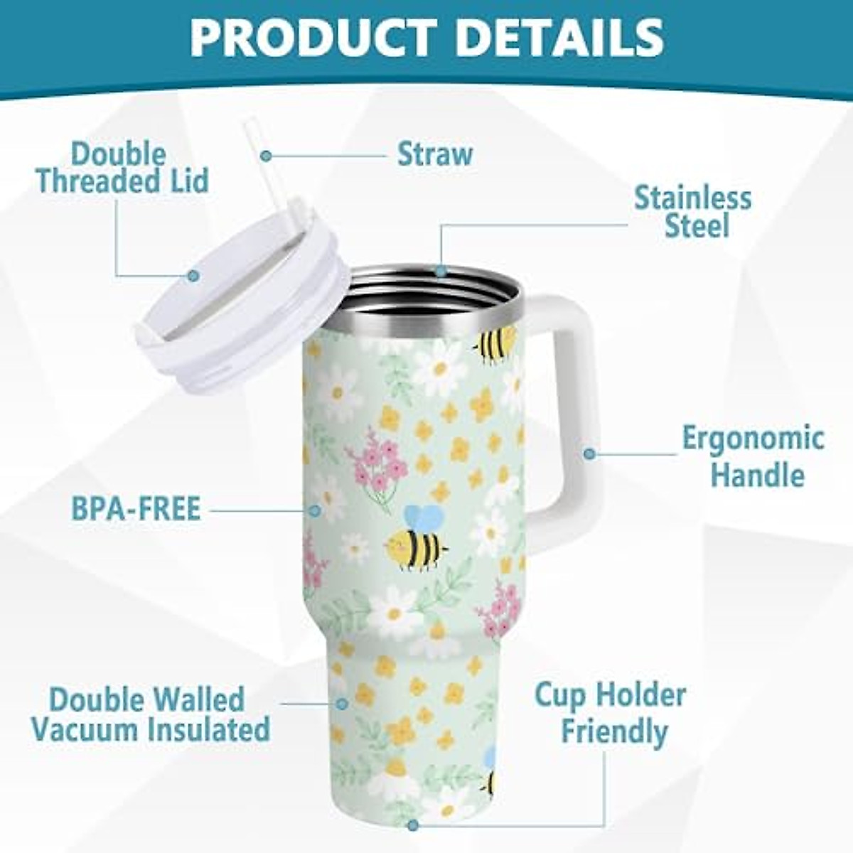 CIJEMAPW Cute Bees Among Flowers Insulated Tumblers Cartoon 30 oz Water Bottles Travel Mug with Handle and Straw Lid Leakproof School Work Outdoor for Women & Men