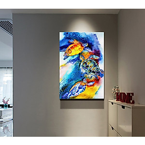 VVOVV Wall Decor Sea Turtle Canvas Wall Art Ocean Turtle Picture Wall Decor Blue Bathroom Art Painting Canvas Prints, Framed Ready to Hang 24"x36"