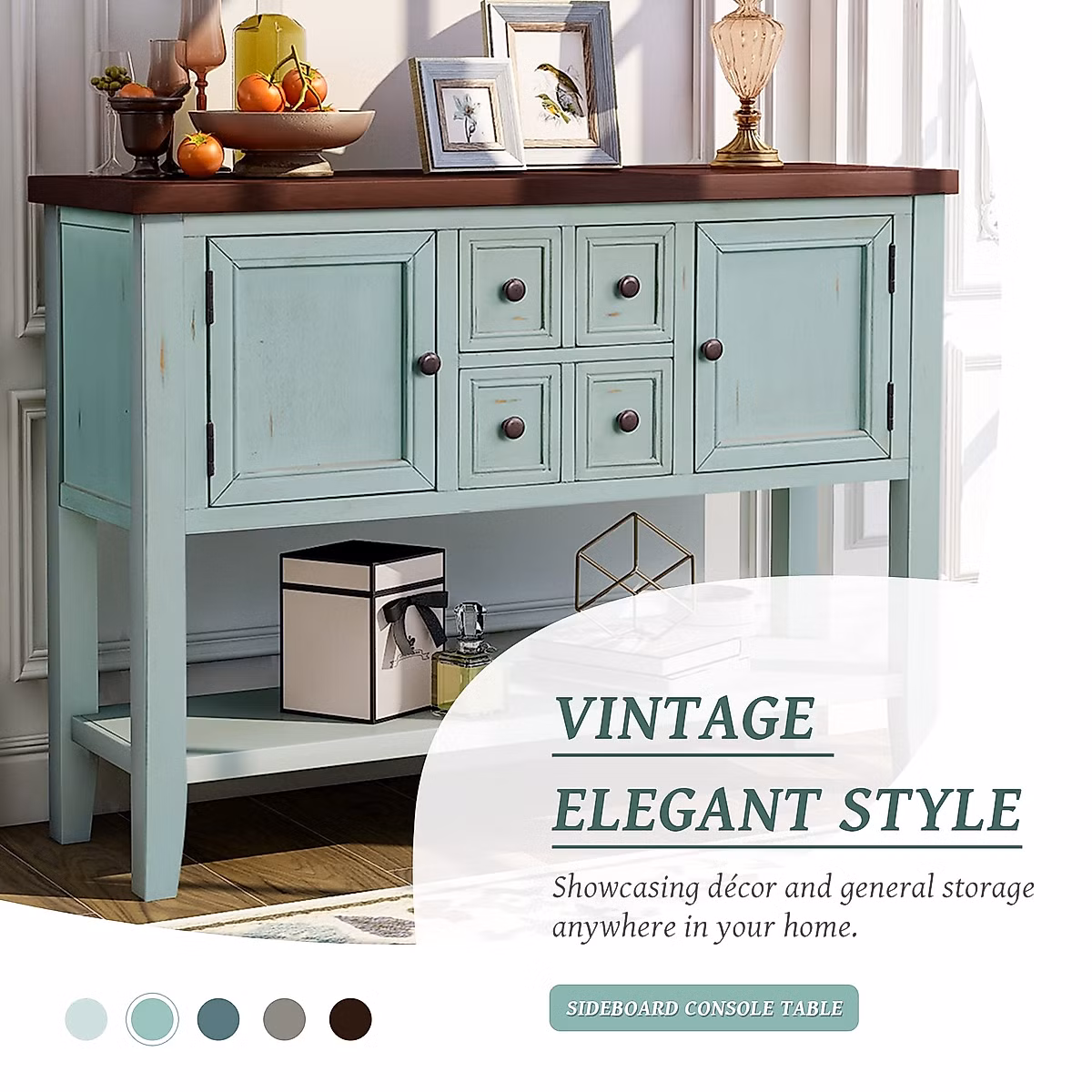 AnwickNomo Sofa Tables Narrow Long,Retro Wood Console Table with 4 Drawers and Bottom Shelf,Rustic Entryway Table, Sideboard Table with Storage (Retro Blue)