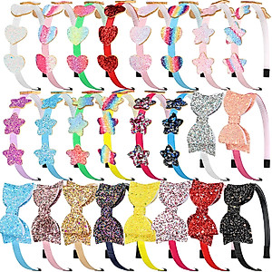 Janinka 24 Pcs Girls Glitter Headbands for Kids Bulk 3.5 Inch Sparkly Little Girl Headbands for Ages 4–6 Sequin Headband Non-slip Plastic Shiny Bow Headband with Teeth