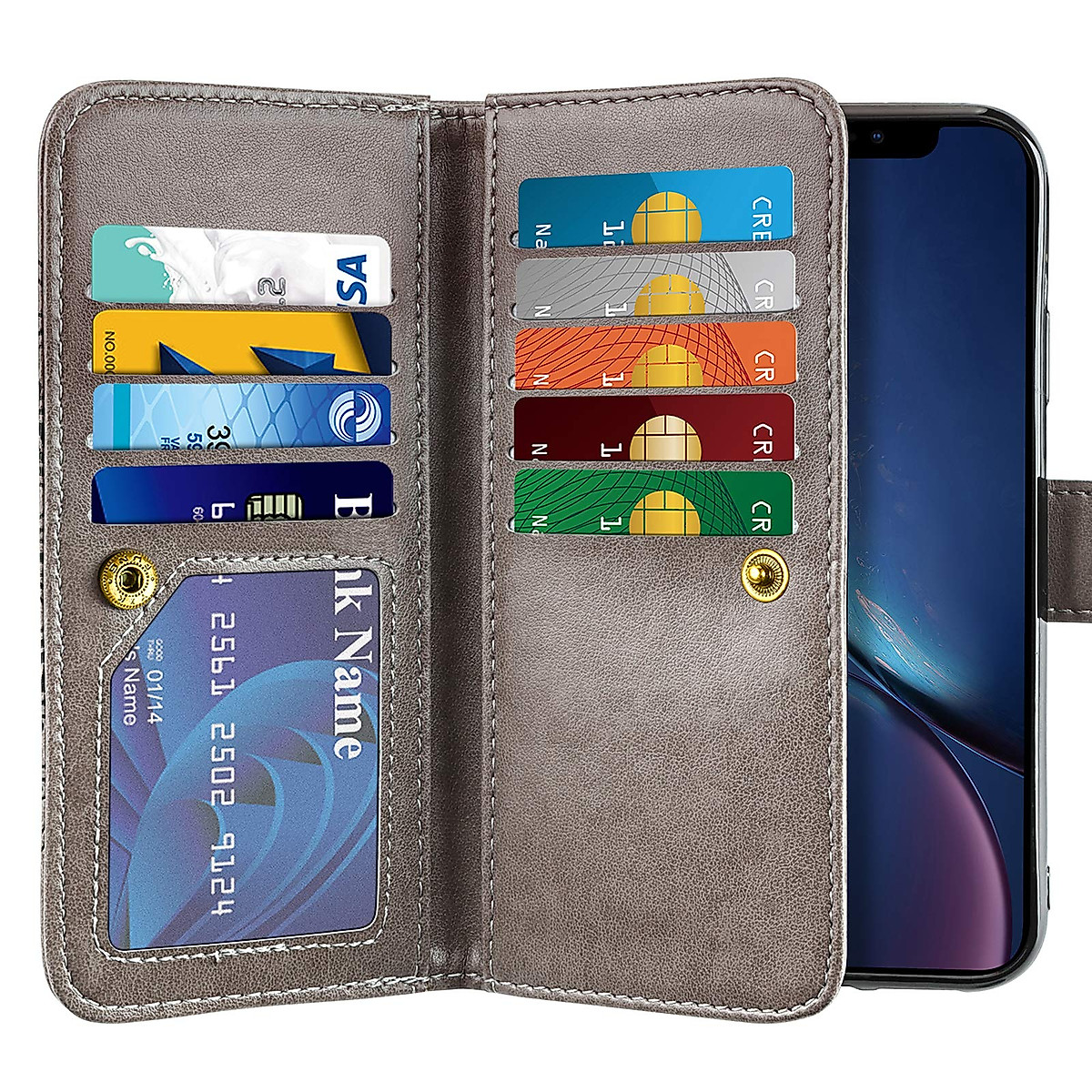 Vofolen Case for iPhone XR Case Wallet Card Holder Leather PU Flip Cover Folio Detachable Magnetic Slim Shell Dual Layer Heavy Duty Protective Bumper Armor Wristband for iPhone XR 10R Mandala Grey