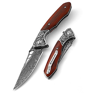 DRACHENADER Handmade Damascus Pocket Knife with Clip Vg10 67-Layers Real Damascus Steel Folding Knife with Liner Lock Japanese Style for Men, Wooden Handle