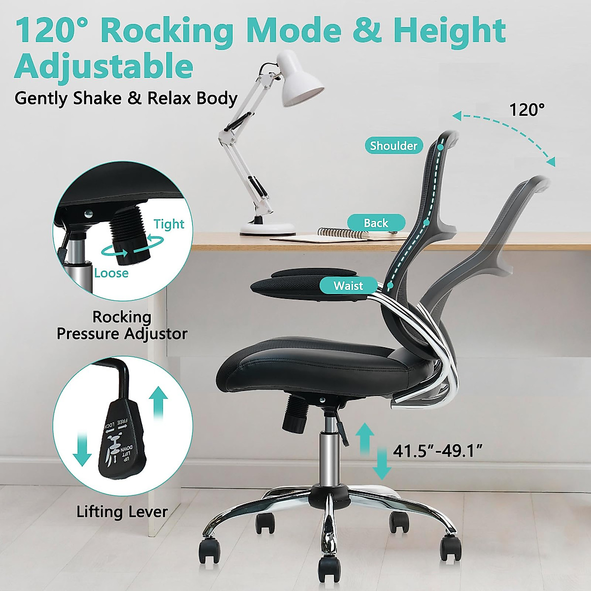 CLATINA Office Mesh Chair Ergonomic Rolling Computer Desk Chair with Flip-up Padded Armrest and Adjustable Height for Home or Office Conference Room (Black)