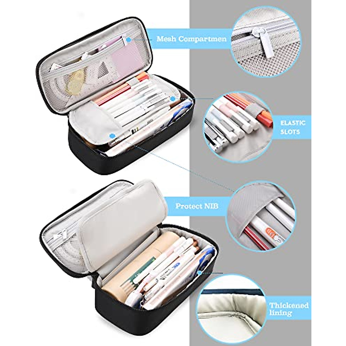 YOKUMA Pencil Case,Large Capacity Pencil Pouch,Aesthetic Zipper Pencil Box, Back to School Supplies for College Student Teen Adults (Black)