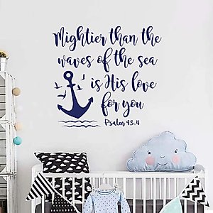 BATTOO Bible Verse Wall Decal Mightier Than The Waves of The Sea is His Love for You- Scripture Wall Decal Psalm 93:4- Nautical Nursery Wall Decal Quote(Dark Blue, 16" WX15 H)