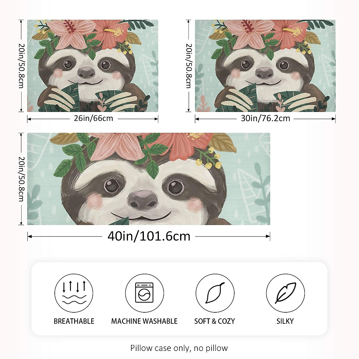 xigua Sloth Satin Pillowcases Breathable Pillow Case for Hair and Skin, NO Zipper Pillow Cover with Envelope Closure for Sofa Bed Couch, Queen Size 20 x 30 Inch