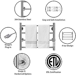 Towel Warmer 4 Bars Wall Mounted Heated Towel Racks for Bathroom Plug-in/Hardwired, Stainless Steel Hot Towel Rack with Timer Brushed Silver…