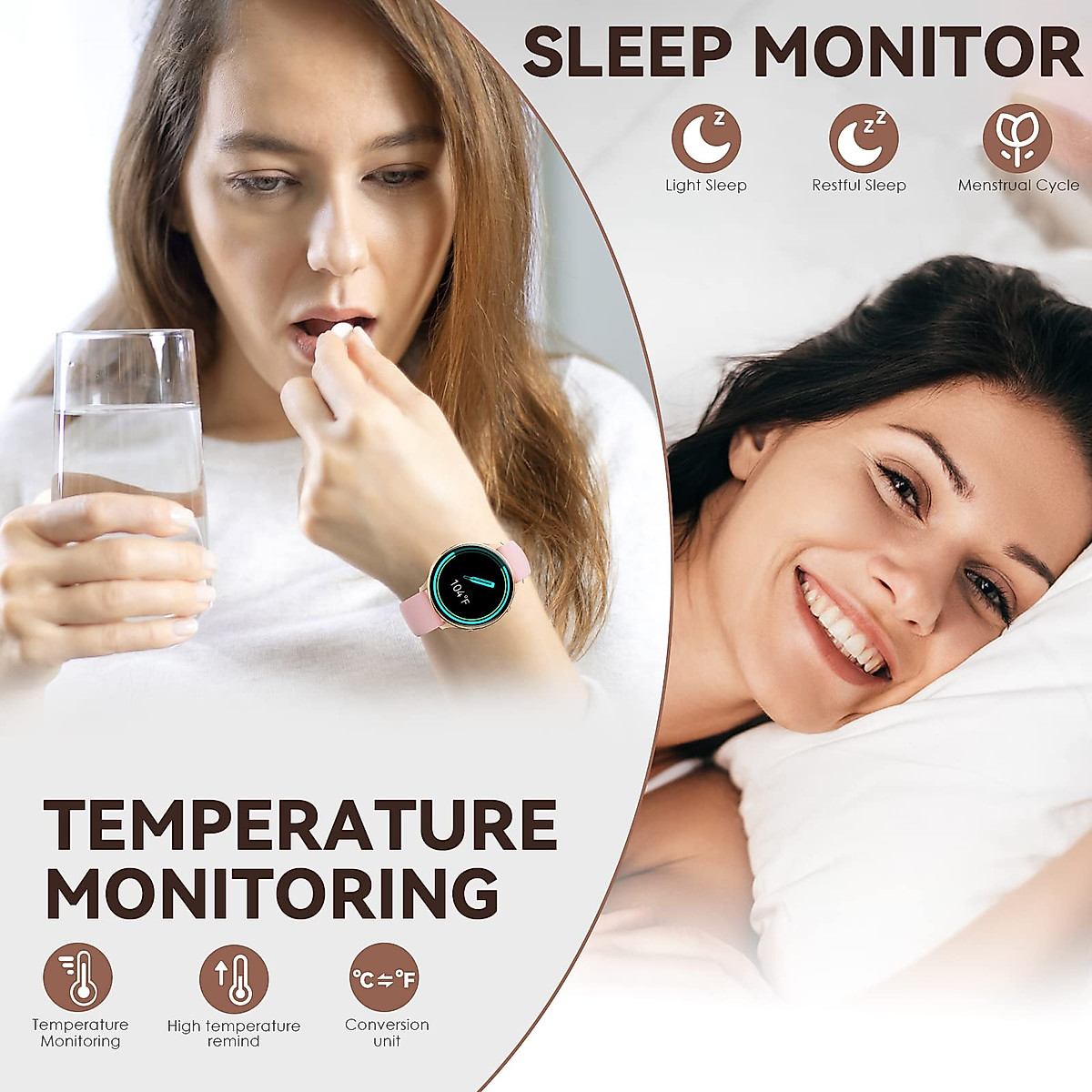 EIGIIS Smart Watch for Women 2023 HD Smartwatch for iPhone and Android Phones 3ATM Waterproof Fitness Watch with Heart Rate Blood Oxygen Temperature Monitor Sleep Tracker Pedometer