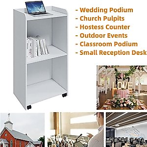 Panana Podium Stand - Hostess Stand with Wheels, Portable Podium Stand Reception Desk with Adjustable Shelf, Pulpits for Churches, Mobile Lectern Podium for Conference, Auditorium, Classroom, White