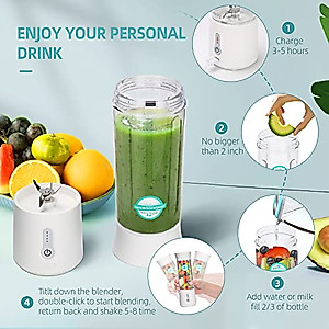 Portable Blender for Shakes and Smoothies,17oz Personal Size Blender with USB Rechargeable and 6 Blades, Fruit Veggie Fresh Juicer Mini Portable Blender Cup for Travel Sports Kitchen (White)