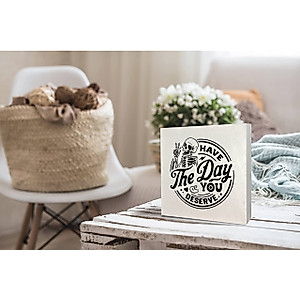 KEUSPI Have the Day You Deserve Skeleton Decor, Goth Decor, Inspirational Saying Wood Block Plaque Box Sign, Skull Motivational Quotes Desk Decor for Home Office Wall Tabletop Shelf 5x5