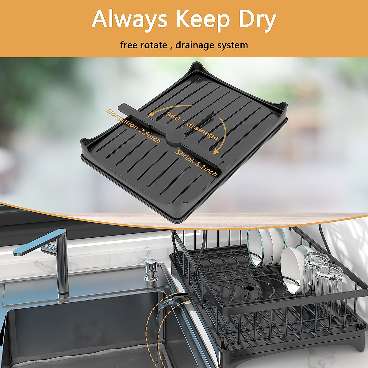 YQYHO 2-Tier Dish Drying Racks for Kitchen Counter with 360° Retractable Drainage System, Large-Capacity Collapsible Anti-Corrosion Dish Rack(Black)
