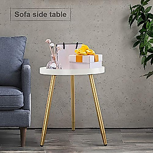 Round Side Table, Wooden Tray Table with Metal Tripod Stand, 3 Gold Legged White Table, Accent Table for Living Room Bedroom Office Small Spaces, 18" H x 15" D