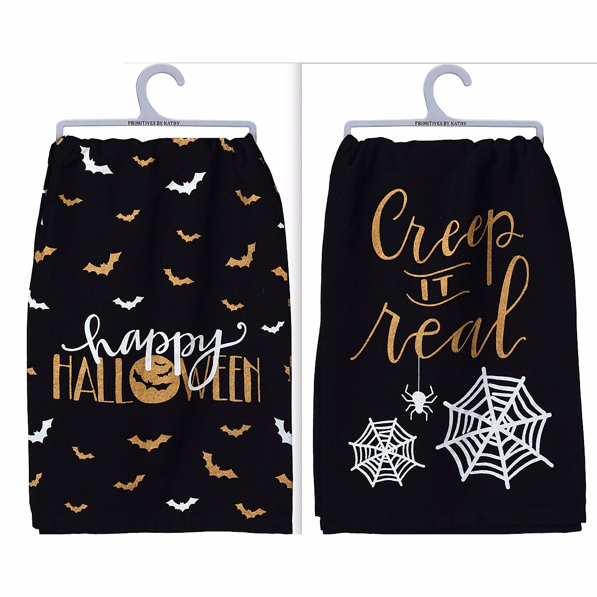 Primitives by Kathy Halloween Themed Kitchen Dish Towel Bundle Set of 2 in a Black Organza Bag - Happy Halloween - Creep It Real