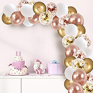 Rose Gold Confetti Latex Balloons, 60 pcs 12 inch White Metallic Gold Party Balloon with 33 Ft Rose Gold Ribbon for Birthday Wedding Anniversary Bridal Shower Decoration