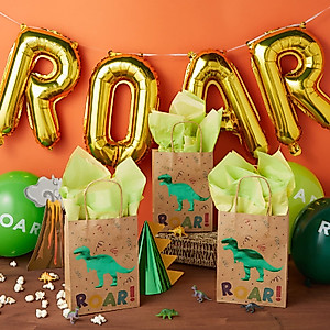 24 Pack Kraft Dinosaur Party Favor Bags with Handles for Kid's Birthday (6 x 9 In)
