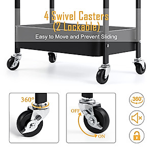 smusei 3 Tier Rolling Cart with Wooden Tabletop, Metal Utility Cart with Lockable Wheels, Black Rolling Storage Organizer Cart with 2 Baskets for Living Room, Bathroom, Bedroom, Office, Kitchen