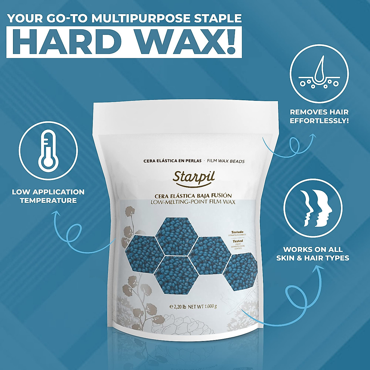 Starpil Wax 1000g / 2.2 lb Bag Blue Hard Wax Beads for Hair Removal, Stripless Wax Beans Refill for Wax Pot Warmer Professional, Low Temperature Film Hair Removal Wax Pearls.