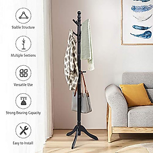 Tangkula Wood Coat Rack Freestanding, Entryway Height Adjustable Coat Stand with 9 Hooks & Stable Tri-Legged Base, Rubber Wood Coat Tree Hall Tree Coat Hanger Stand for Home Office Hall Entryway