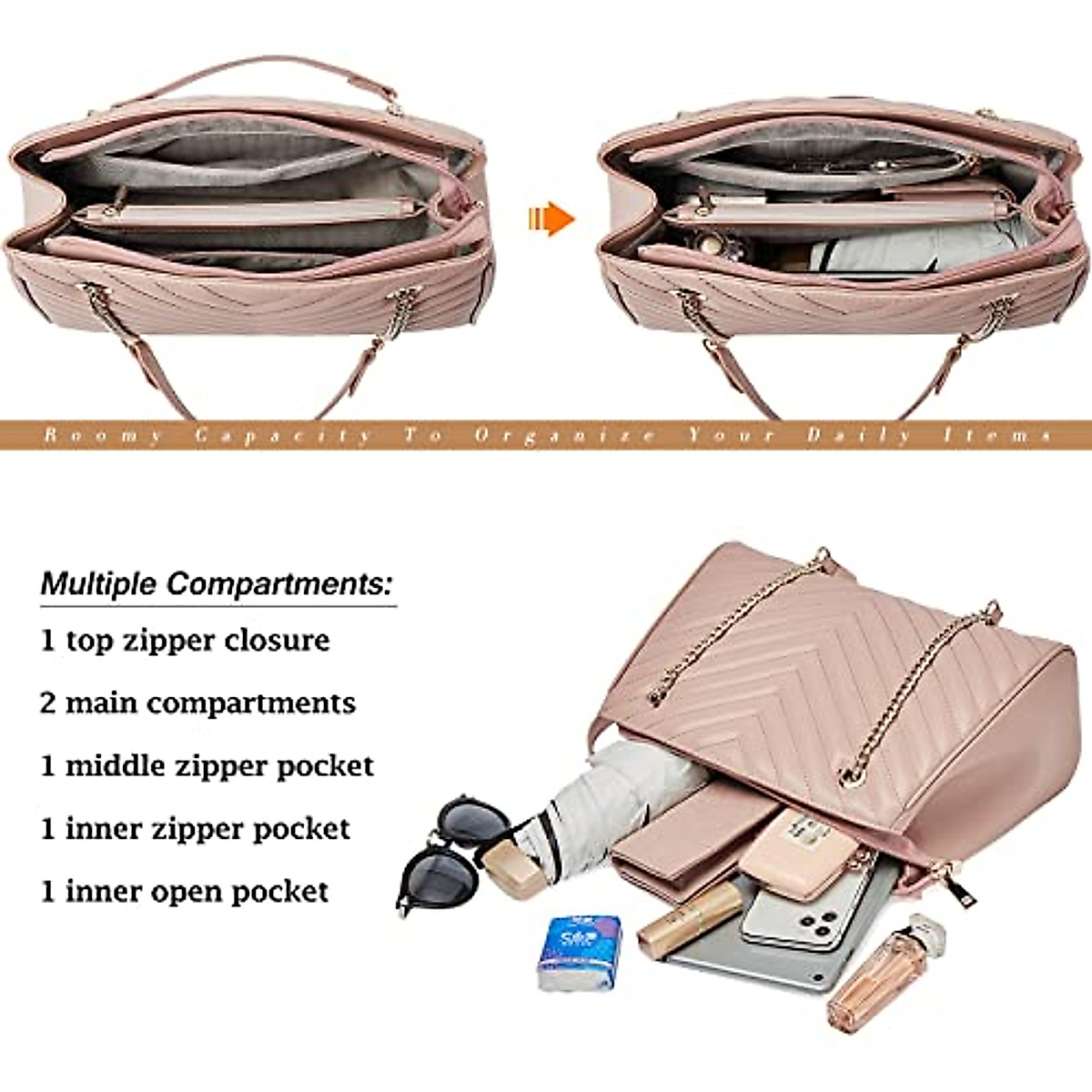 FOXLOVER Geniune Leather Tote Bags for Women, Ladies Medium Designer Shoulder Purse Quilted Handbag with Chain Strap (Apricot)