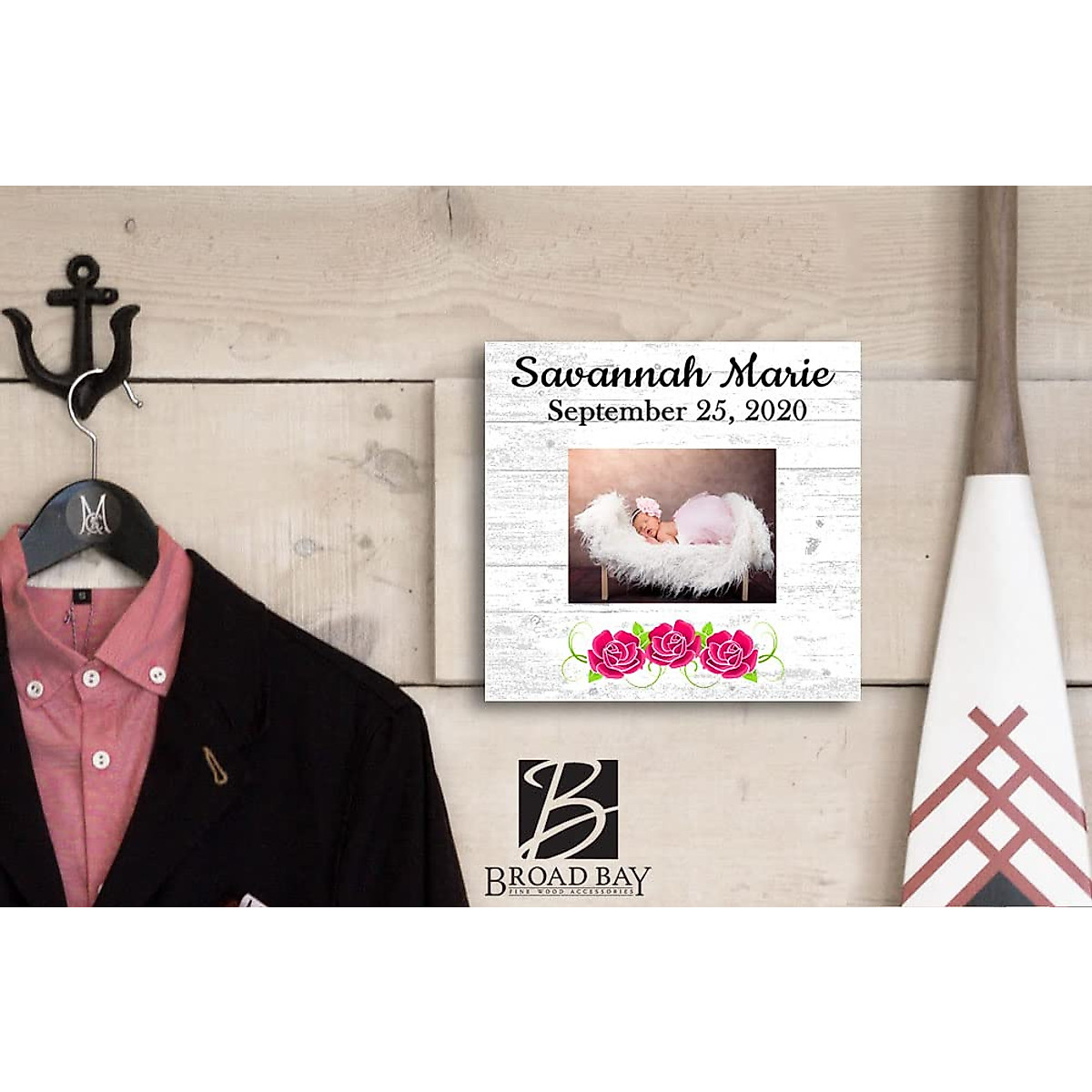 New Baby Frame Alternative - Personalized Baby Girl Birth Gift - Upload Picture or Photo - with Customized Name and Birthday Flowers