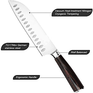 SOAMOEU 7-inch Santoku Knife, Made of German High-Carbon Stainless Steel with Mahogany Handle, Used for Chopping, Dicing and Slicing Vegetables, Fruits, Fish, Meat