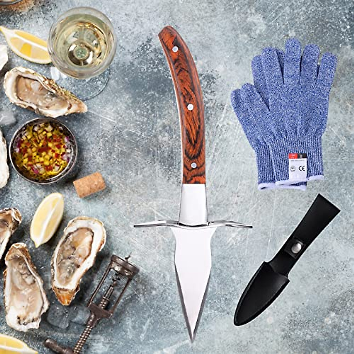 Oyster Shucking Knife and Gloves Set, Oyster Opener Tool Kit with 1 Pair of Cut Resistant Level 5 Protection Gloves, and Clam Oyster Knife Shucker with Safety Hand Guard, Seafood Tools Gift Set