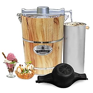 Elite Gourmet EIM916# Old Fashioned 6 Quart Vintage Wood Bucket Electric Ice Cream Maker Machine, *Bonus Classic Die-Cast Hand Crank for Churning, Uses Ice & Rock Salt Churn Ice Cream in Minutes, Pine