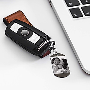 Queenberry One Side Photo + One Side Text Personalized Engraved Stainless Steel Custom Dog Tag Key Chain - Handmade Gift for Christmas Anniversary Valentines Birthday