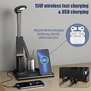 Mostop Led Desk Lamp, Desk Lamp with Wireless Charger 15W, USB Charging Port, Eye Protection Table Lamp with Pen Holder, Small Desk Study Lamp for Home Office,3 Brightness Levels