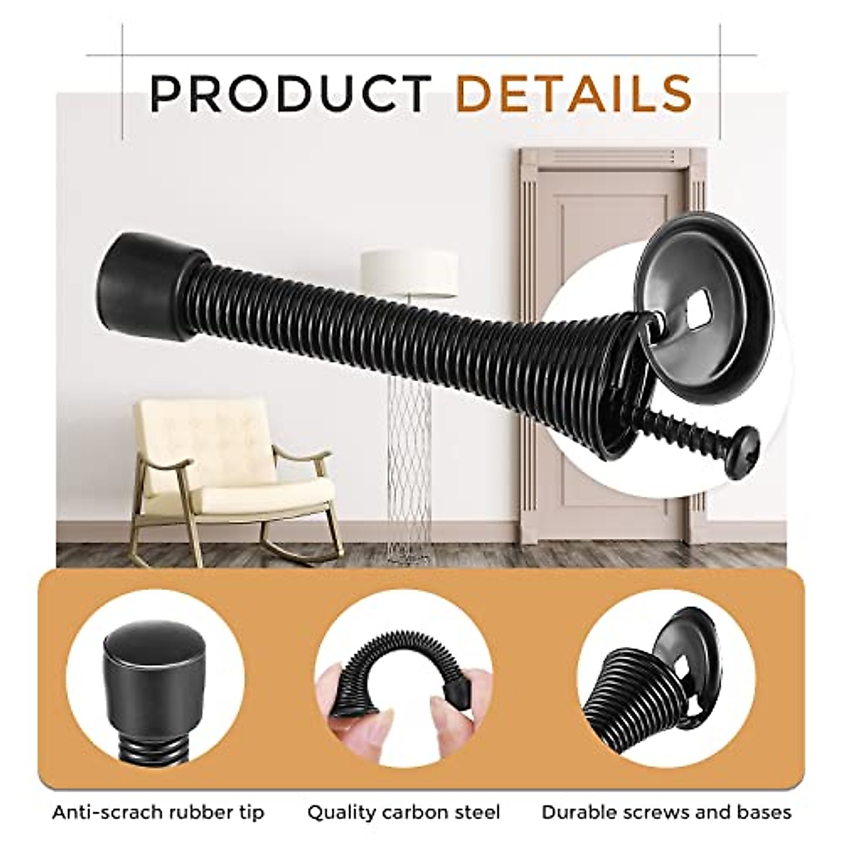 60 Pcs Spring Door Stopper with Rustproof Screw Rubber Bumper Tips, 3" Flexible Heavy Duty Spring Wall Door Stop Low Mounted Door Bumper for Home Spring Door Stoppers for Bottom of Door (Black)