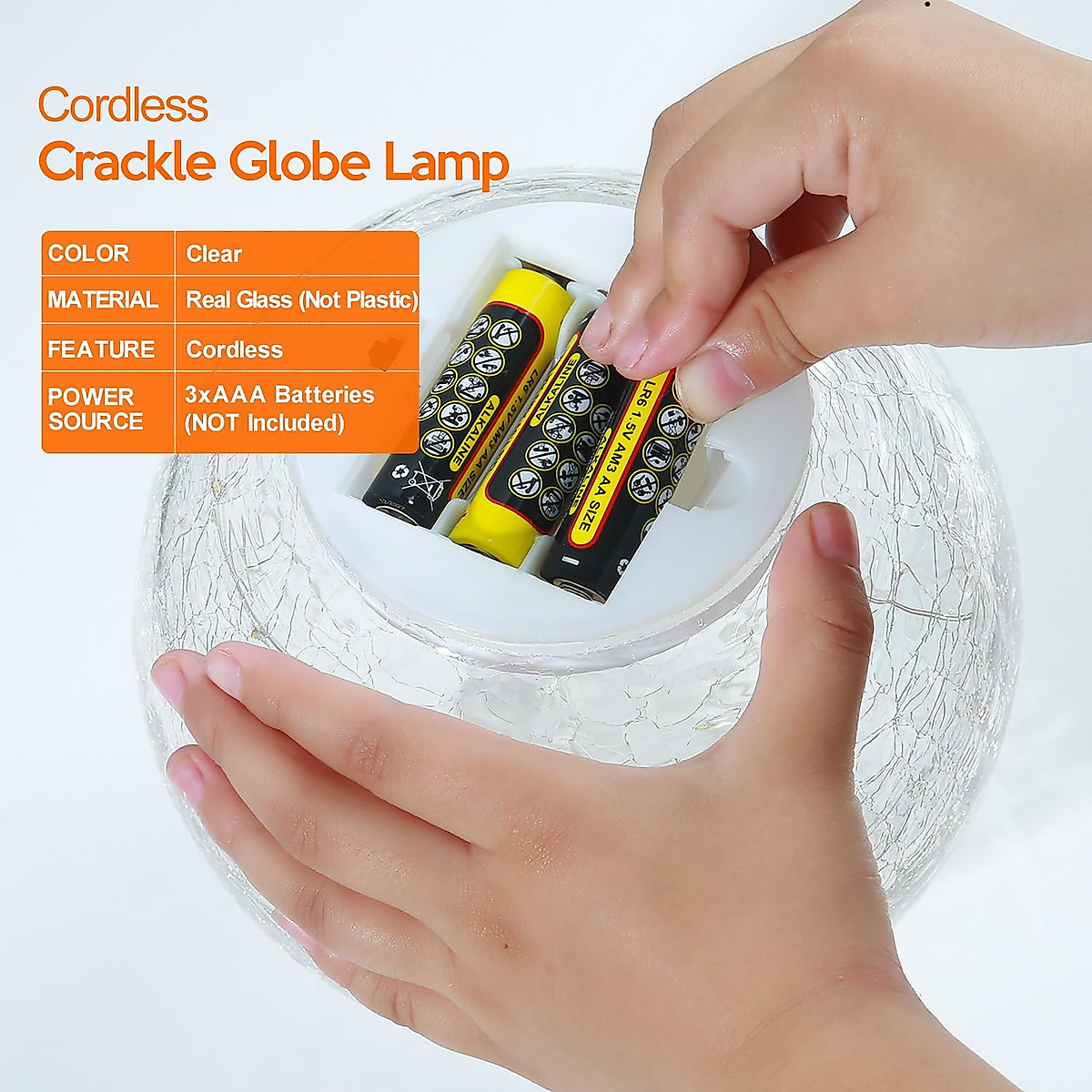 Crackle Globe LED Lamp Battery Operated, Lighted Glass Orb for Festival Christmas Decoration, Gold Mercury Glass Ball Light for Living Room Indoor, Glowing Night Light Ball Lamp, Sphere Table Lamp