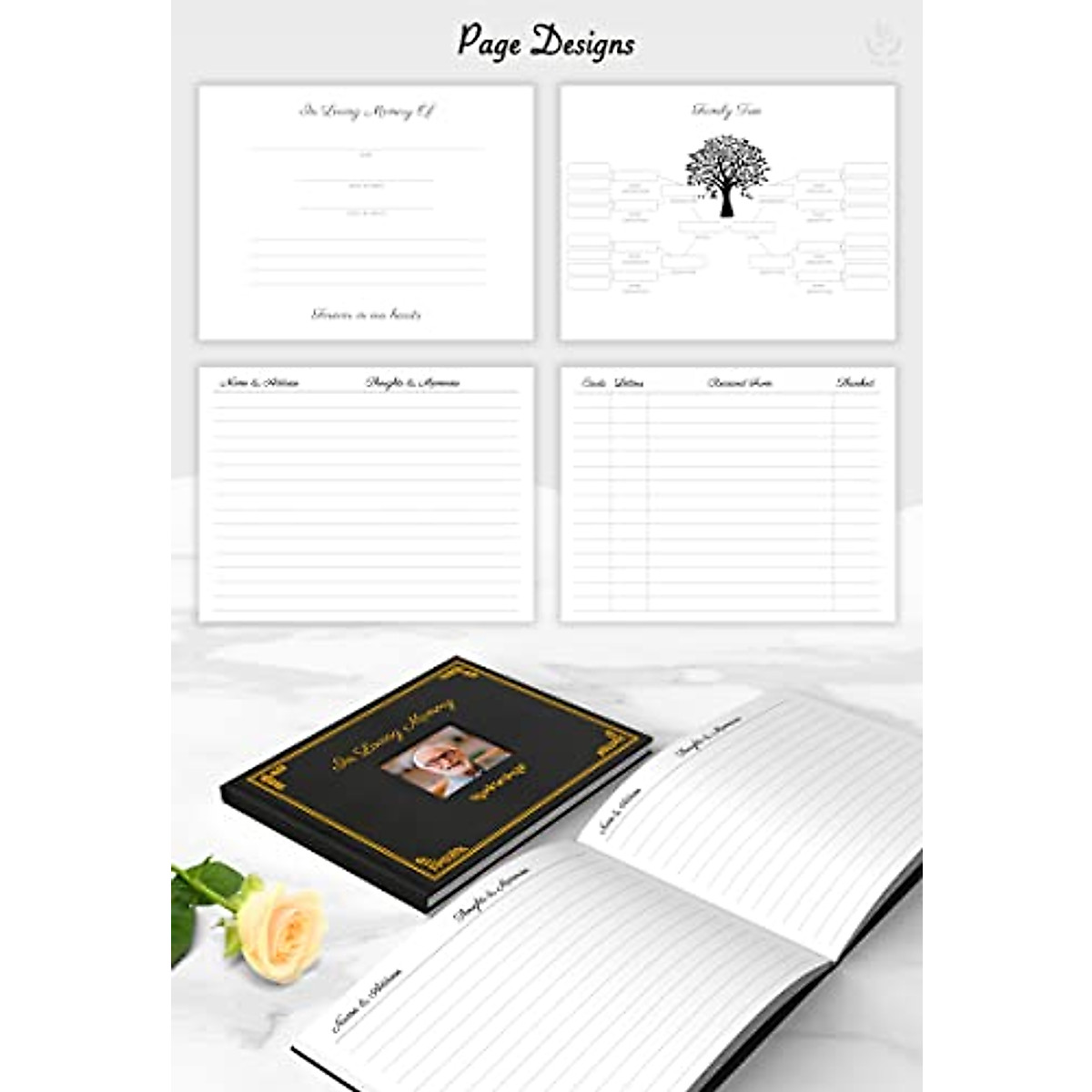 Fancy Dove Funeral Guest Book with Picture Pocket. Celebration of Life Sign in Book with Gold Embossed Leather Hardcover. Signature and Memory Book with 124 Pages