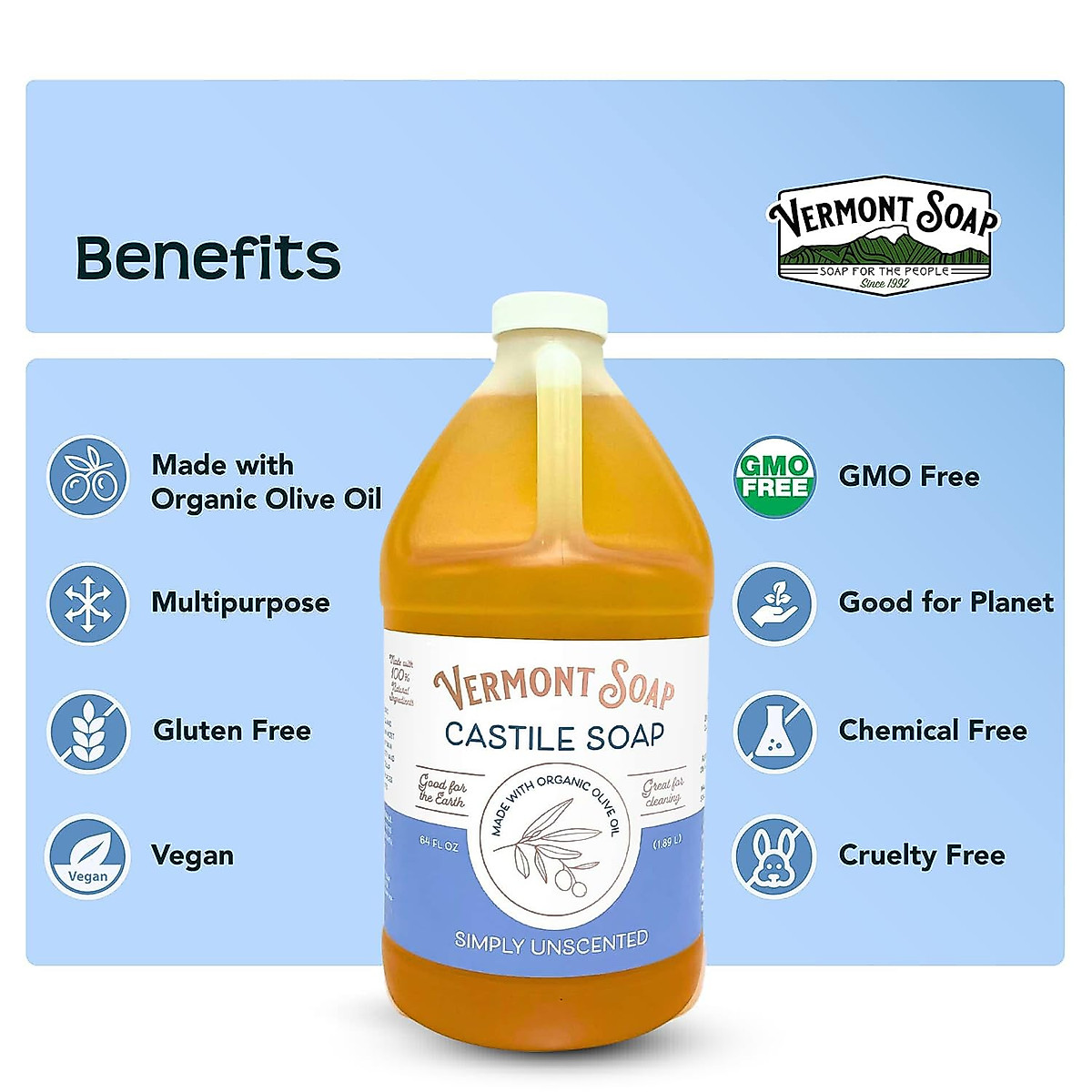 Vermont Castile Soap Unscented, Gentle Liquid Soap for Sensitive Skin & Natural Body Wash, Organic Hair Shampoo for Oily Hair, Aloe Castile Soap for Men & Women - 64 Oz