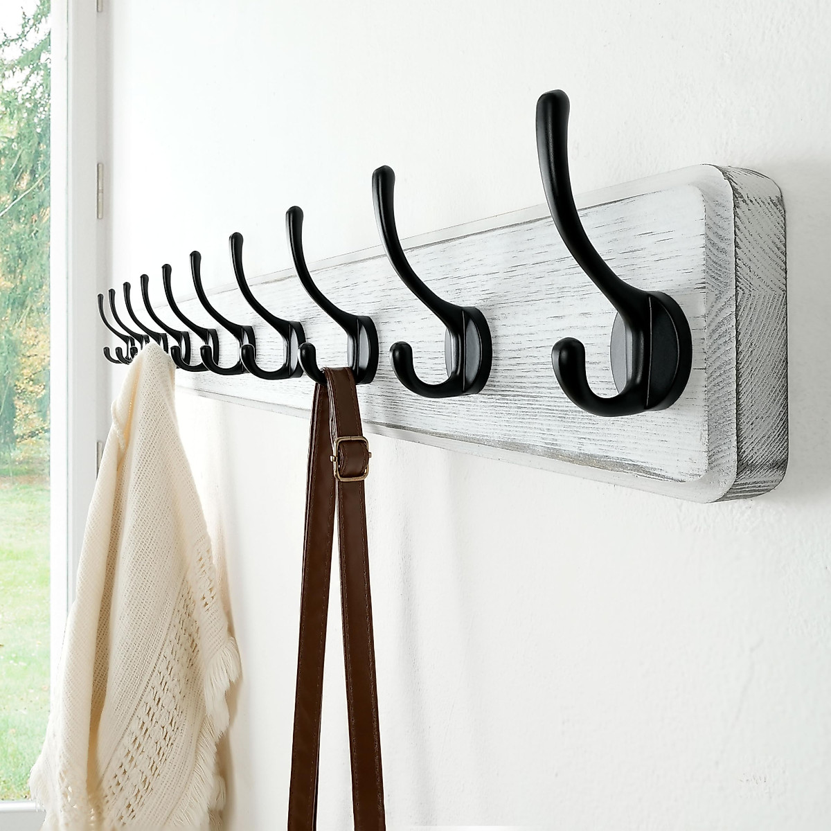 Dseap Coat Rack Wall: Patented, Heavy-Duty, 5-Double-Hooks Wooden Wall Mounted Coat Rack Coat Hanger Hook Rail for Winter Coats Hat Jacket Clothing, White & Black
