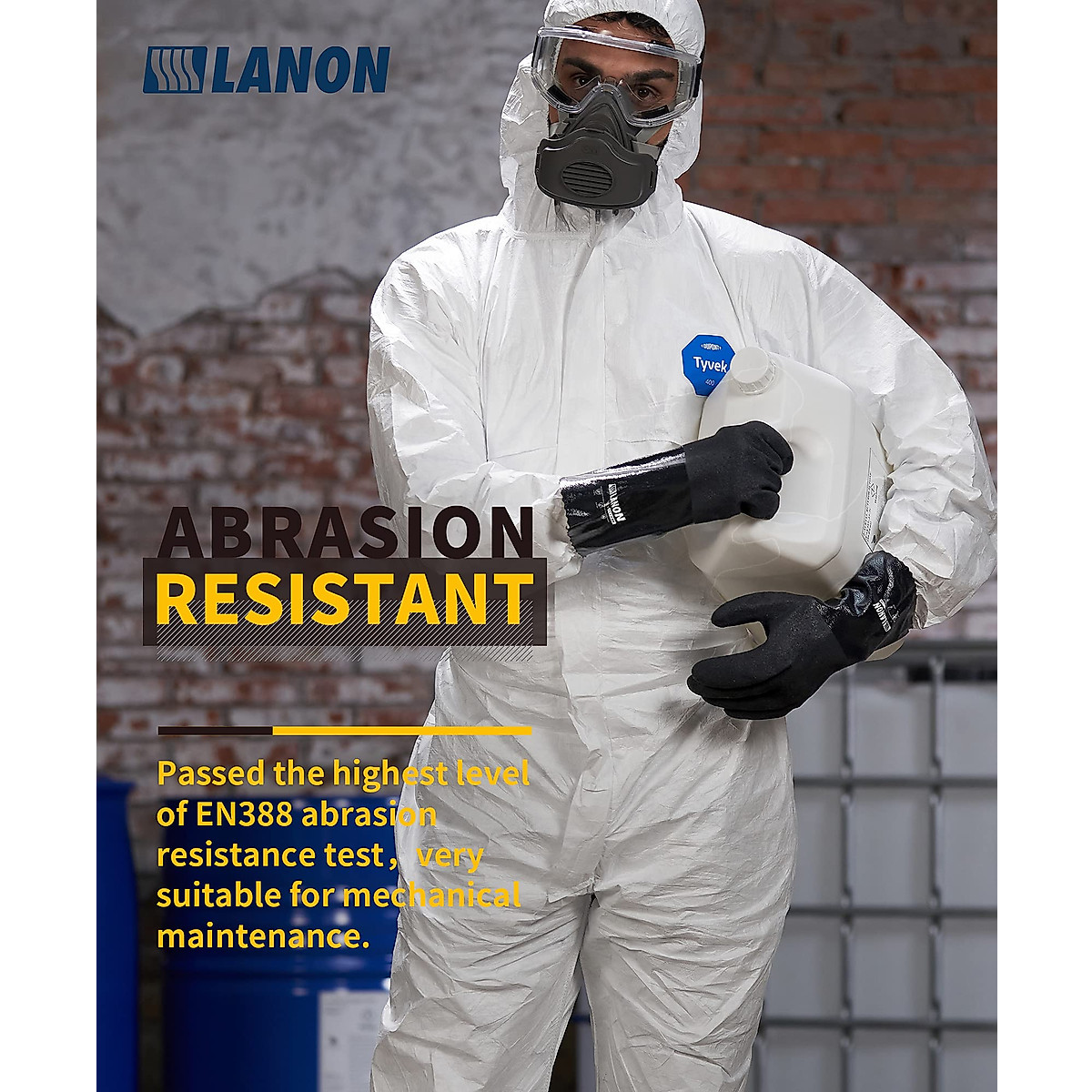 LANON Nitrile Chemical Resistant Gloves, Reusable Heavy-Duty Rubber Gloves with MicroFoam Textured Palm, Acid, Alkali and Oil Protection, Black, Large