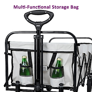 YSSOA Extended Folding Utility Wagon, 330LBS Heavy Loaded Collapsible Garden Cart with Anti-Slip Wheels, Adjustable Handle and Side Pockets, Large, White, X-Large