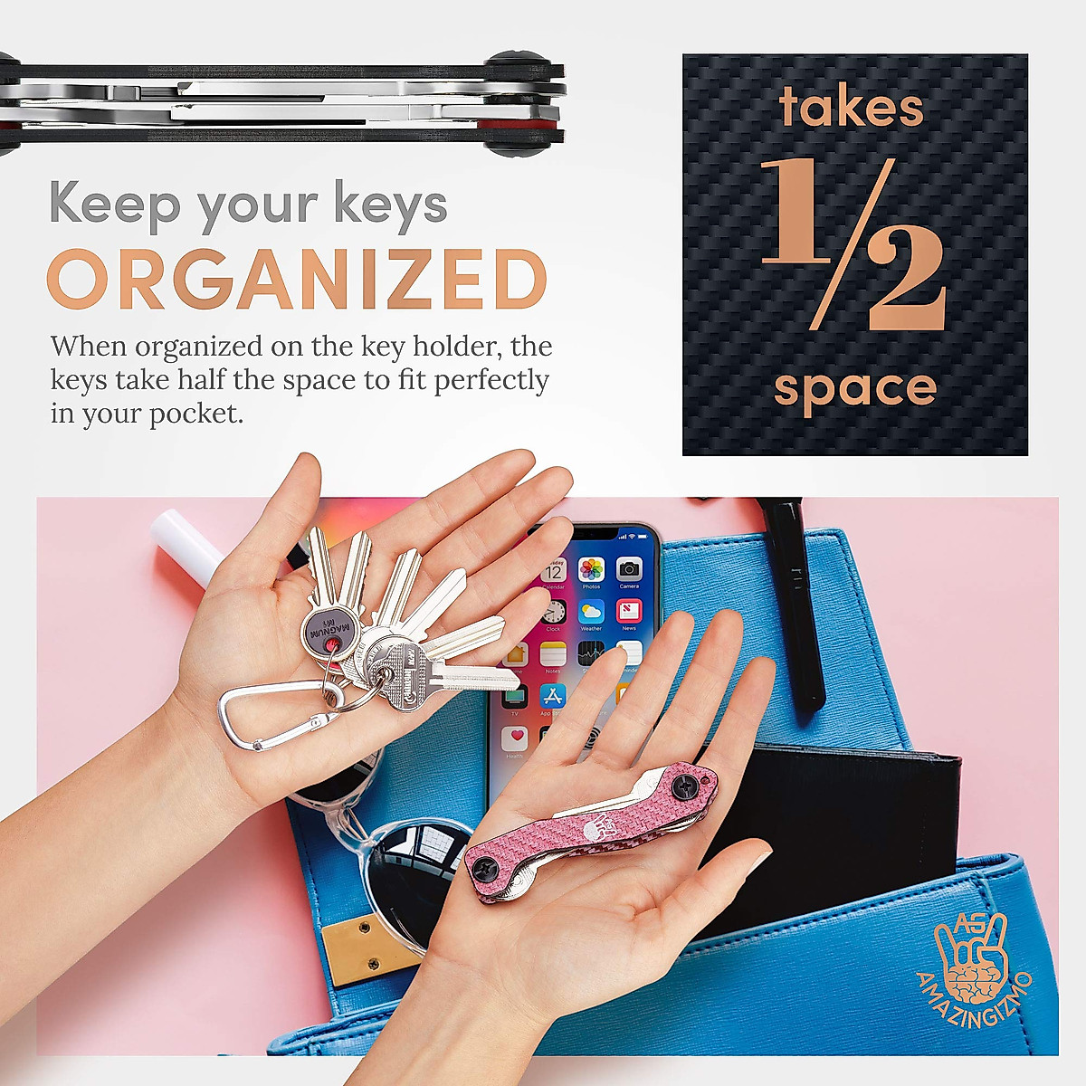 AmazinGizmo Folding Key Holder & Key Organizer Keychain - House & Car Compact Pink Slim Multi Key Chain with Pocket Clip & Carabiner - up to 12 Keys & More