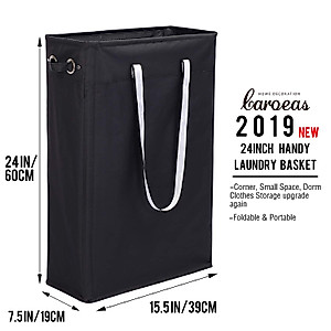 Cloth Clothes Basket, Caroeas 24" Handy Hanging Laundry Basket Tall & Slim Hamper Waterproof Laundry Bag Collapsible Travel Laundry Bag with Breathable Mesh Cover & Soft Handle Laundry Hamper (Black1)