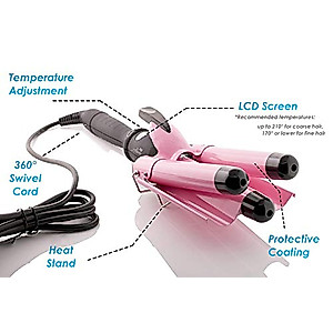 Alure Three Barrel Curling Iron Wand with LCD Temperature Display - 1 Inch Ceramic Tourmaline Triple Barrels, Dual Voltage Crimp (Pink)