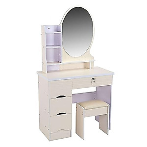 KJNS Makeup Vanity Set Dressing Table w/ 4 Drawers + Stool + Mirror Vanity Desk Makeup Vanity Side Tables Bedroom Vanity Table Portable Desk Vanity Set