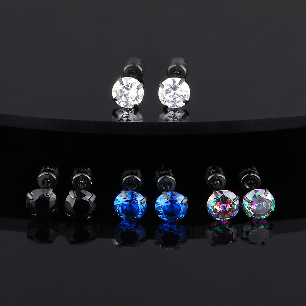 4 Pairs Black Screw Back of Earrings Cubic Zirconia Studs for Women Men 20G Can Wear Double Side Surgical Stainless Steel Hypoallergenic Jewelry (4 Pairs Black 6mm)