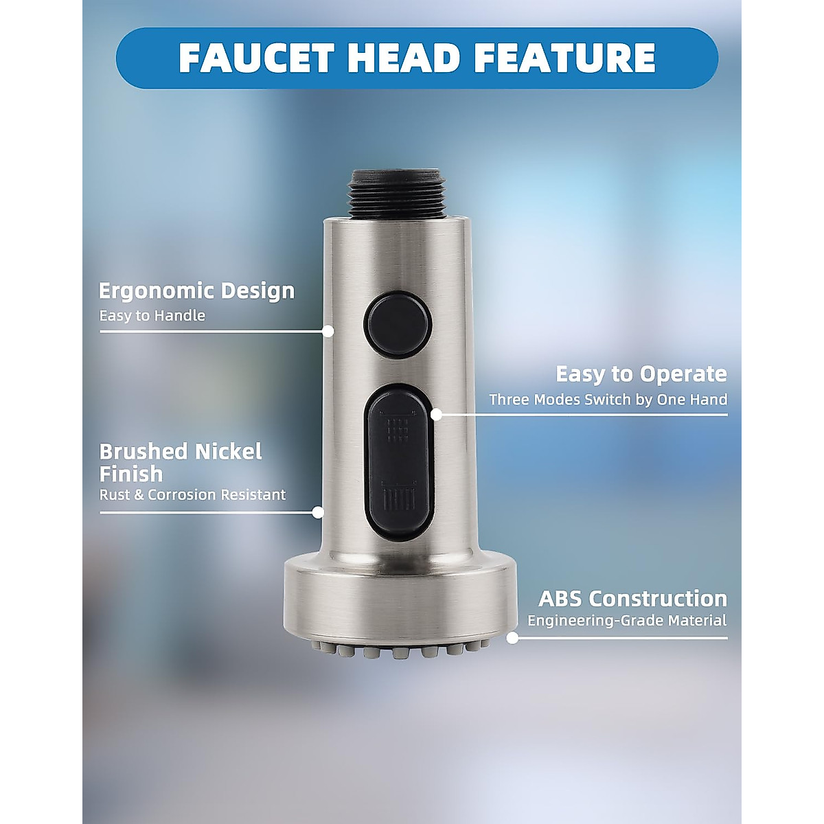 Hibbent Pull Down Kitchen Faucet Head Replacement, 3 Function Sink Faucet Sprayer Head Nozzle with 10 Adapters, Compatible with Moen, American Standard, Delta, Kohler Faucets, Brushed Nickel